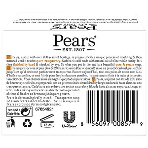 Pears Soap, Face & Body Soap, Amber – Pure & Gentle Transparent Bar Soap, Moisturizing Glycerin Soap with Natural Oils for Pampered, Glowing Skin, 4.4 Oz (Pack of 12)