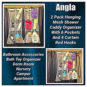 Bsagve 2 Pack Mesh Hanging Caddy Organizer with 6 Pockets, Shower Curtain Rod Liner Hanging Organizer Storage Pockets Bathroom Hanger Organizer, Bath Toy Holder Organizer with Portable 4 Rings