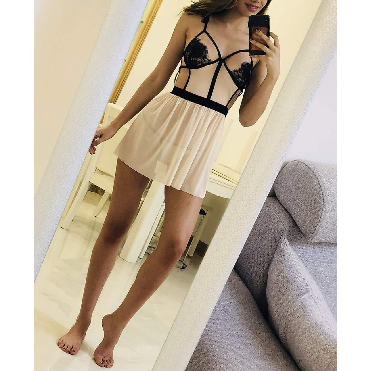 ALLoveble Women's Sexy Lace Lingerie Dress Cupless Strappy Chemise babydoll Nightwear (S, Apricot)