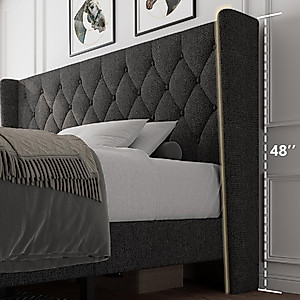 iPormis King Size Platform Bed Frame with Button Tufted Headboard, Upholstered Bed Frame with Solid Wooden Slats, 8" Underbed Space, No Box Spring Needed, Noise Free, Easy Assembly, Dark Gray