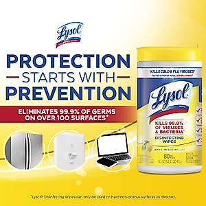 Lysol Disinfectant Wipes, Multi-Surface Antibacterial Cleaning Wipes, For Disinfecting and Cleaning, Lemon and Lime Blossom, 80 Count (Pack of 2)​