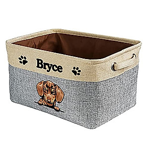 MALIHONG Custom Foldable Storage Basket with Lovely Dog Dachshund Collapsible Sturdy Fabric Pet Toys Storage Bin Cube with Handles for Organizing Shelf Home Closet, Grey and White