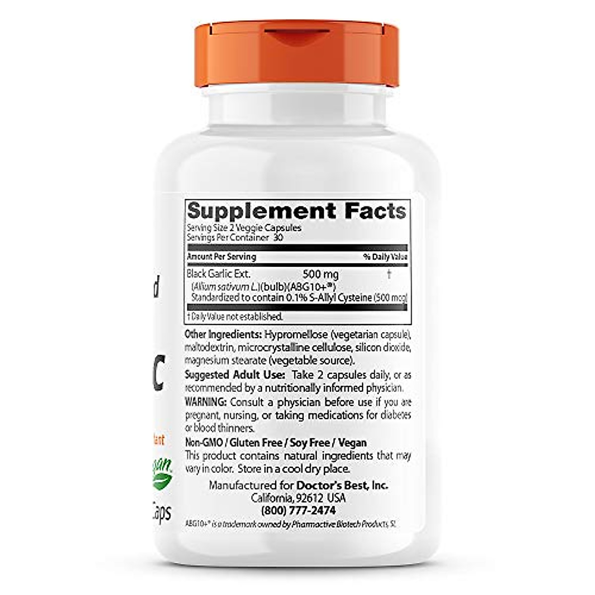 Doctor's Best Black Garlic Extract ABG10+ ® 250mg Supports Healthy Blood Pressure Cholesterol Boost Immunity Potent Antioxidant, 60 Count