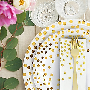 CENLBJ White and Gold Party Supplies,Disposable Party Dinnerware,Golden Dot Paper Plates,Napkins,Forks for Wedding,Birthday,Cocktail Party,Anniversaries,Engagements Serve 25