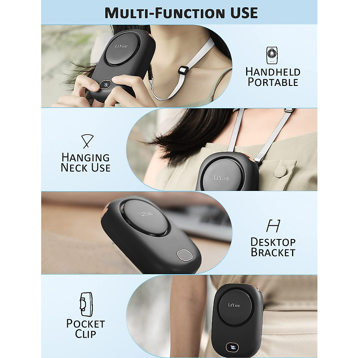 LtYioe Mini Fan Mini Handheld Fan Portable Fans USB Rechargeable, Personal Desk Fan Multifunctional with Strong Airflow, LED Smart Display and 3 Speed Adjustable for Outdoor Beach Home(Dark Black)