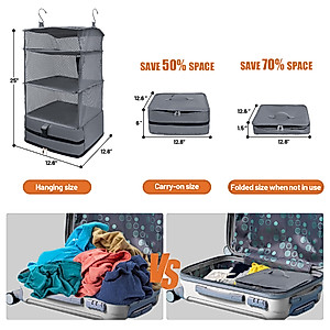 Caroeas Portable Hanging Travel Shelves Bag Suitcase Organizer Carry-on Closet Packing Cubes for Travel, 4-Shelf Suitcase Closet with 2 Hooks, Large Capacity, Gray