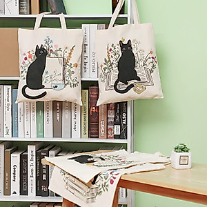 Oudain 4 Pcs Cat Tote Bag for Women Floral Book Space Mushroom Canvas Tote Bag Bulk Cute Aesthetic Library Shoulder Tote Bag (Cat)