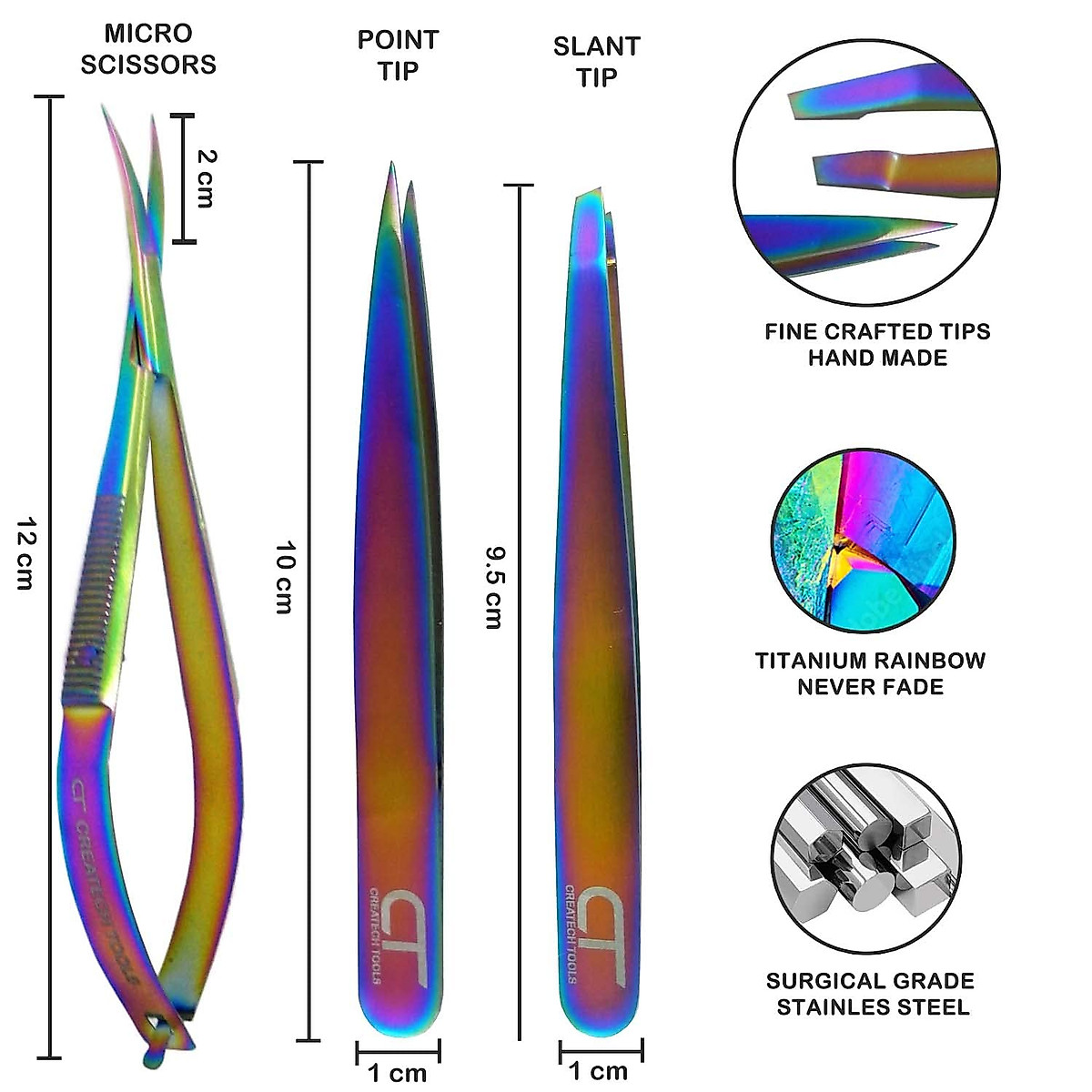Eyebrow Tweezers Set – Pointed and Slanted Tweezers, Eyebrow Lash Trimming Scissors, Rainbow Professional Set