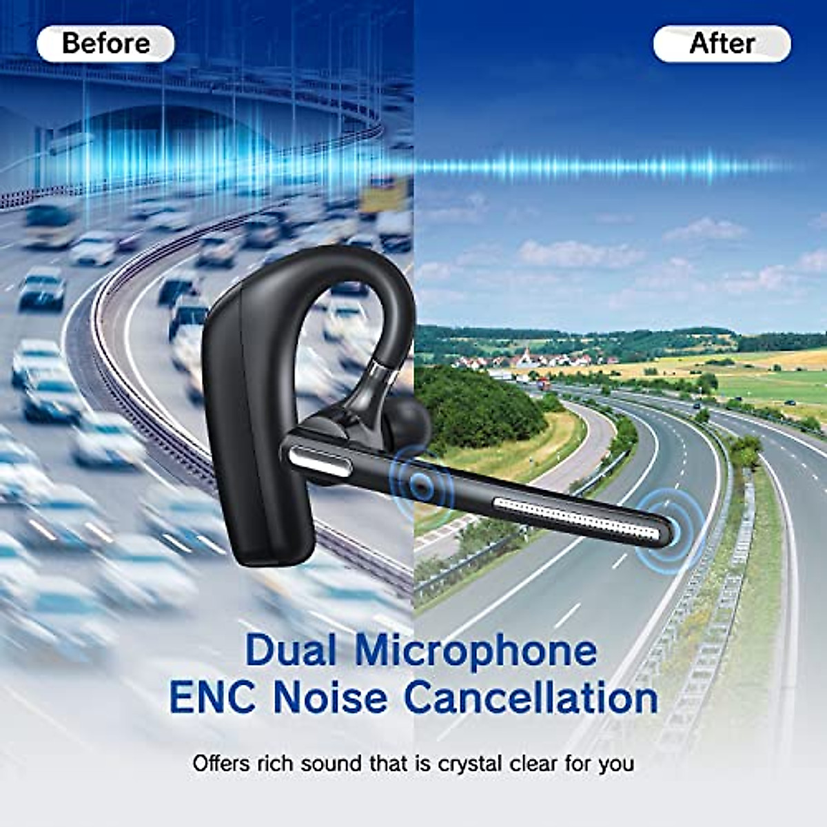 Ngsod Bluetooth Headset - Wireless Headset with Microphone 90 Days Standby/110 Hours Talktime, Bluetooth Earpiece for Cell Phone/PC Tablet/Laptop Computer, Headphones for Trucker/Driver/Business
