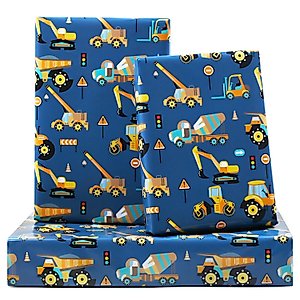 Road Under Construction Excavator Tractor Dump Truck Wrapping Paper for Kids Boys, Birthday Wrapping Paper Construction Design 7 Sheets Folded Flat 20x28 inches per Sheet for Birthday Baby Showers