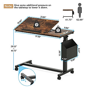 Tribesigns Height Adjustable C Shaped End Table with Wheels and Side Pocket, Mobile Sofa Snack Table with Tiltable Drawing Board, Laptop Side Tray Table for Couch Bed (Rustic Brown)