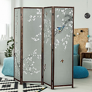 MyGift 4-Panel Asian-Inspired Folding Room Divider with Cherry Blossom Tree & Bird Design Poetry Calligraphy and Brown Wooden Frame