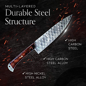 Breliser 3-Piece Knives Set for Kitchen, Damascus Chef Knife Set With Professional Chef Knife, Santoku Knife, & Paring Knife, Diamond-Hammered Kitchen Knifes With Rosewood Handles, Gifts for Chefs