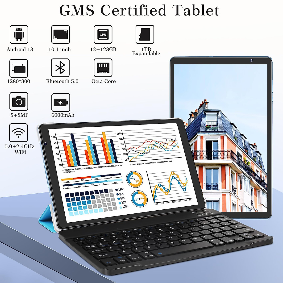 SEBBE Tablet 10 Inch Android 13 Tablet PC 12GB RAM + 128GB ROM TF 1TB Octa-Core 2.0 GHz, Bluetooth 5.0 | 5G WiFi | 6000mAh | 1280 * 800 | 5MP+8MP, Tablet with Keyboard and Mouse Blue