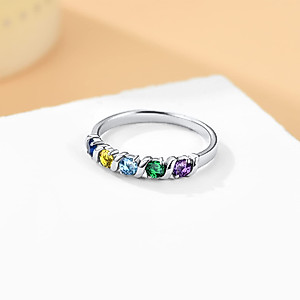 Custom4U Mother Name Rings with 5 Birthstones Customized Personalized Family Promise Sterling Silver Rings for Women Grandma