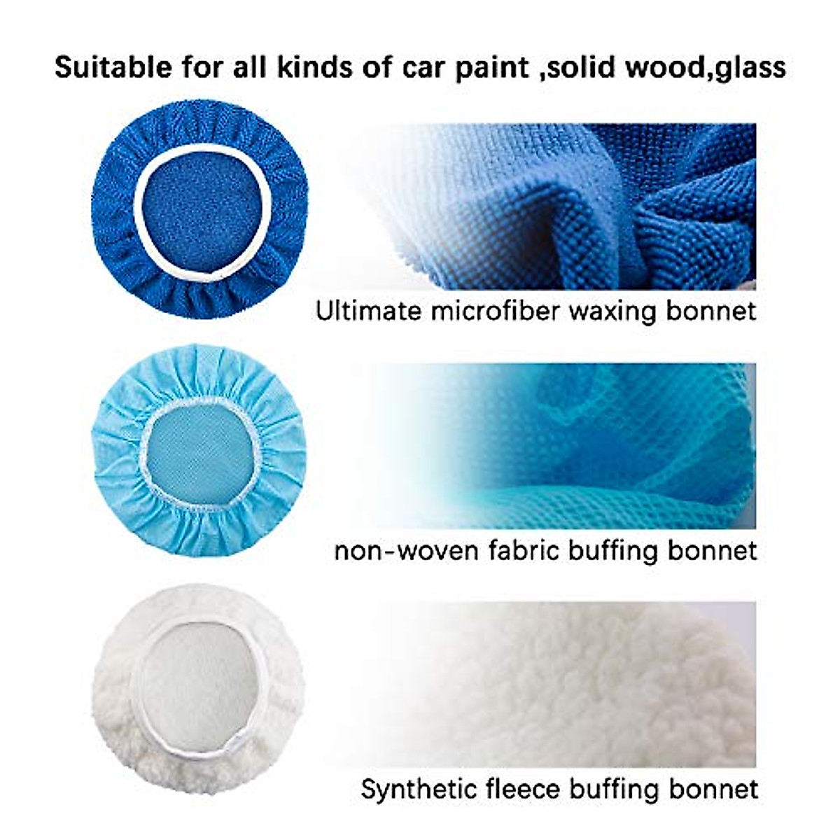 LUTER 5-6 Inch 24pcs Polishing Bonnet Pads Microfiber Wax Applicator Including 12 Packs Microfiber Waxing Bonnet 6 Packs Wool Buffing Pads 6 Packs Non-Woven Buffing Pad