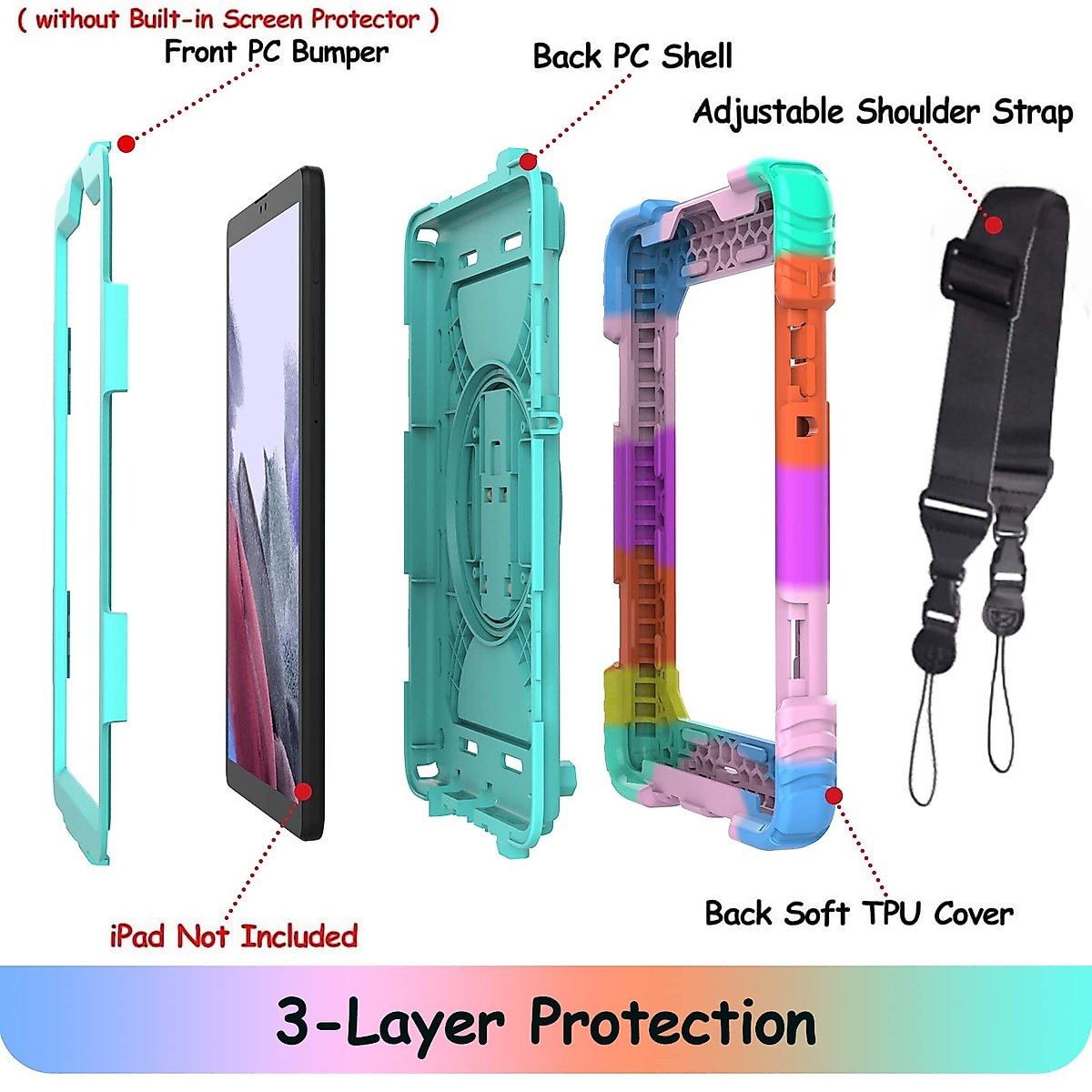 LTROP Samsung Galaxy Tab A7 Lite Case,Galaxy Tab A7 Lite Case for Kids,3-Layer Shockproof Cover Case with Swivel Stand/Hand Strap for Samsung Galaxy Tab A7 Lite 2021 8.7 Inch (SM-T225/T220), Aqua Teal