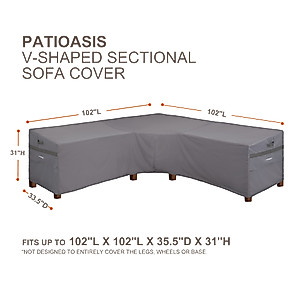 PATIOASIS Grey Outdoor V-Shaped Sofa Cover 102''L x 102''W x 35.5''D x 31/26''H Waterproof Sectional V Shape Patio Furniture Cover All Weather Proof