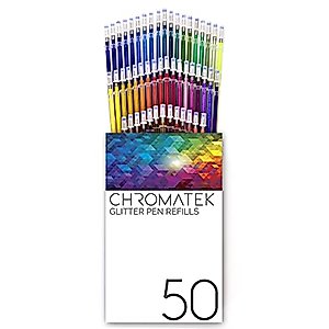 Glitter Pen Refills by Chromatek. 50 Refills. Super Glittery Ultra Vivid Colors. No Repeats. Professional Art Pen Refills. New & Improved