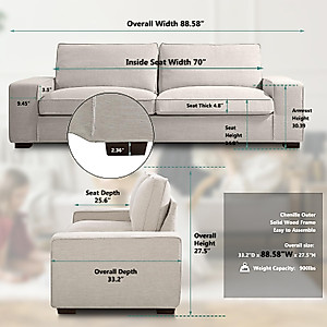Harkawon 88.6" Sofa Couches for Small Spaces Modern Loveseat for Living Room with Solid Wood Frame, Chenille Lounge Removable Cover, Modern Couches for Apartment,Dorm, Office, Beige
