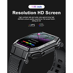 Smart Watches for Men, 1.85 Inch Android iOS Military Smart Watch, Smartwatch with Blood Pressure/Heart Rate/Blood Oxygen Monitor/24 Sports, IP67 Waterproof Tactical Sport Fitness Tracker, 350mAH