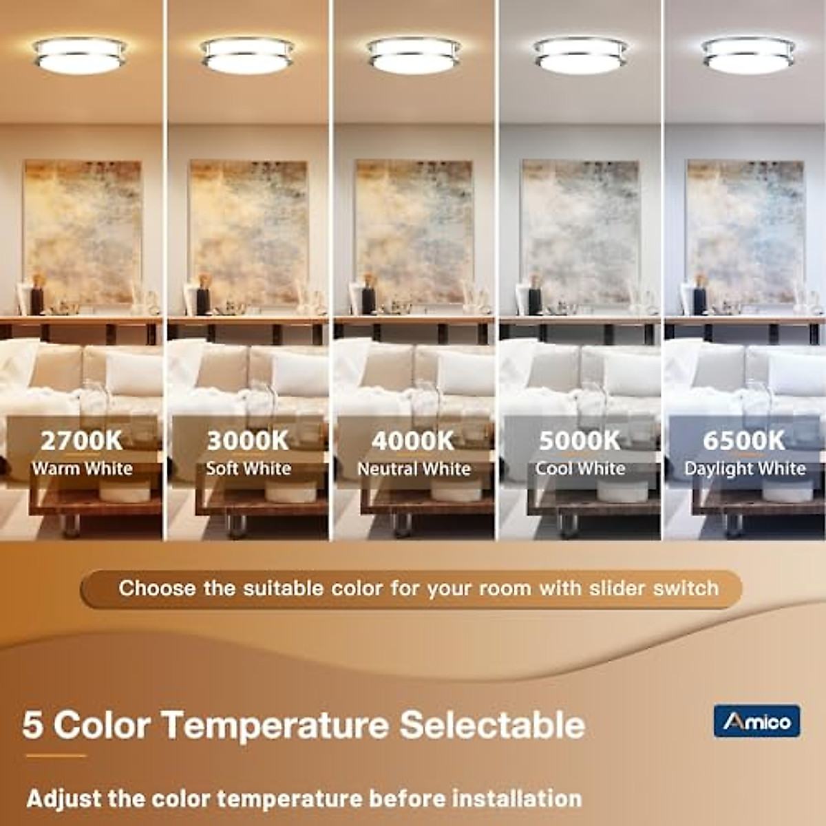 Amico Flush Mount Ceiling Light, 36W LED Ceiling Lights, 2700K/3000K/4000K/5000K/6500K 5CCT Selectable, 12 Inch Dimmable Ceiling Lights 2 Pack, Ceiling Lamp for Bedroom, Kitchen, Hallway