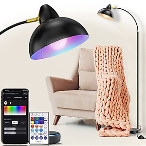 Smart WiFi RGB Floor Lamp Work with Alexa & Google Home, Arched Modern Industrial Standing Tall Lamp, Color Changing Dimmable LED Bright Floor Lamp with Remote for Living Room, Bedroom, Office-Black