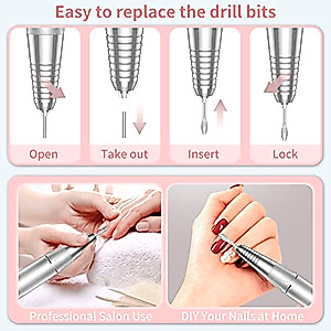 Portable Nail Drill Professional 35000 RPM, Rechargeable Electric Nail File Machine E File for Acrylic Nails Gel Polishing Removing, Cordless Efile with Bits Kit for Manicure Salon Home, Pink