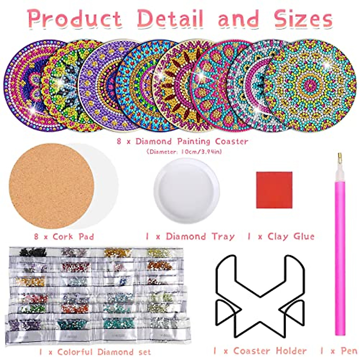 Billbotk Diamond Painting Coasters Kit, 8 Pieces Mandala with Holder, DIY Art for Beginners, Kids