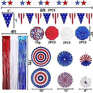 MOVINPE 4th of July Patriotic Party Decorations Set, American Flag Hanging Paper Fans, Pompoms Flowers, Foil Fringe Curtain, Star Streamers, USA Pennant Bunting Independence Day Party Supplies