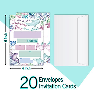 JioJio Chan Shark Attack Birthday Invitation Cards Shark Theme Party Invite Pool Birthday party Invitations Pool Birthday Party Supplies for kids, Shark Tastic, 20 Invitations and Envelopes (J571)