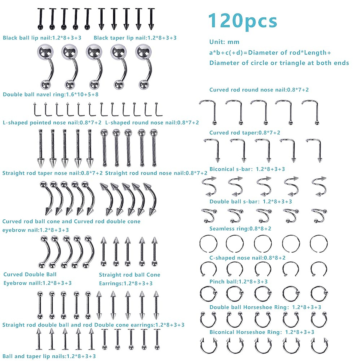 120 Pcs Piercing Jewelry With 24 Grid Storage Box Earring Hoops Lip Nose Rings Navel Rings Barbells Stainless Steel Jewelry Mixed Set 120 Pcs