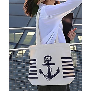 LANGCYGO Nautical Theme Anchor Cotton Canvas Tote Bag with an Inner Pocket, Top Zipper Closure Reusable Grocery Bags For Women,School Shopping,Beach Grocery (Anchor L)