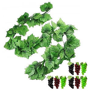 HECATY 12 Strands 90 ft Artificial Fake Grape Vines with 9 Strings Grapes, Hanging Plant Large Leaves Garland for Wedding Party Store Home Decor Indoor Outdoors