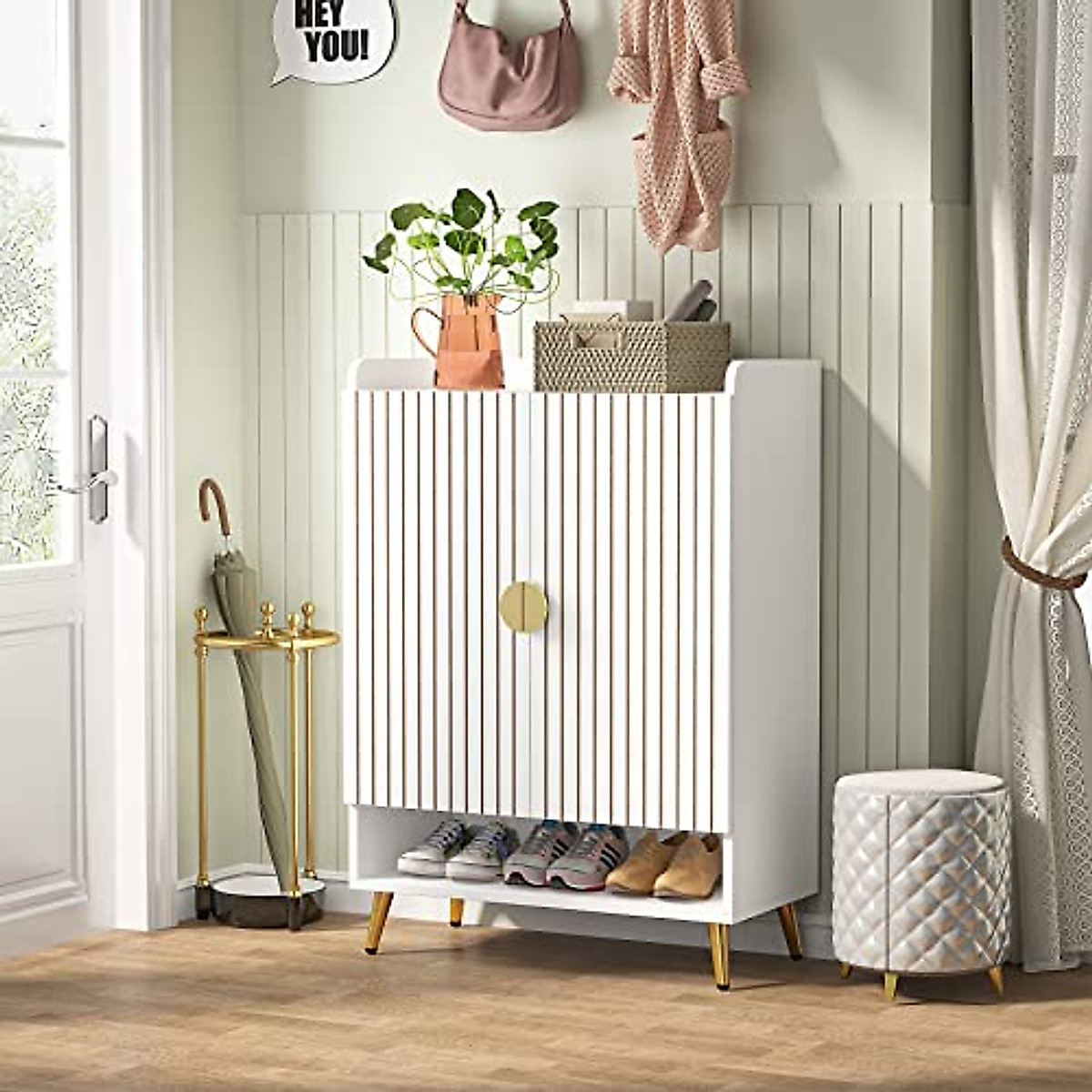 LITTLE TREE Shoe Cabinet, 24 Pair Shoe Cabinets with Doors & Adjustable Shelves, 7-Tier Modern Shoe Racks Storage Organizer for Entryway, Living Room, Bedroom, White + Gold