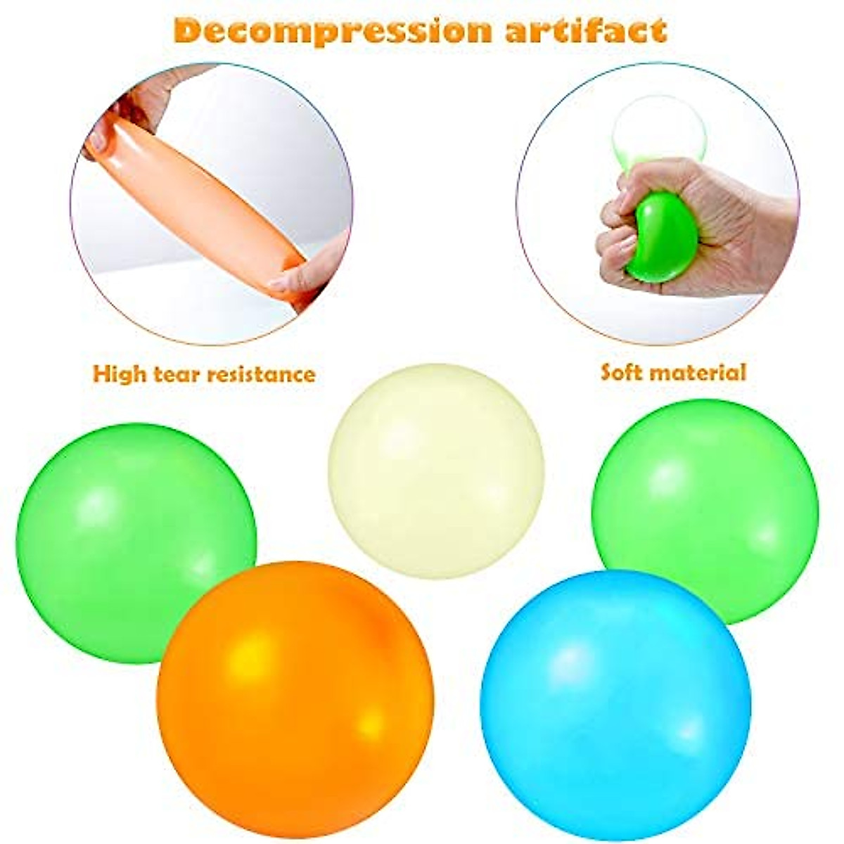 Skylety 8 Pieces Glow in The Dark Sticky Balls Elevated Glowing Stress Balls Relax Cool ASMR Stuff Toy for Ceiling Wall Adults(1.8 Inches,White, Blue, Orange, Green)