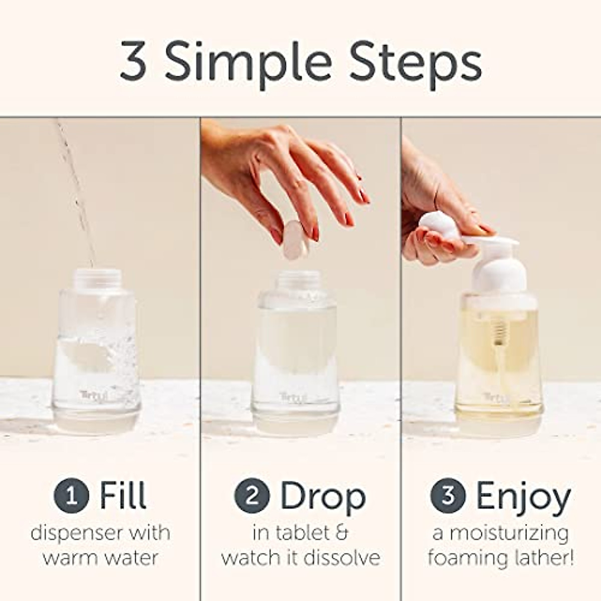 Tirtyl Hand Soap Single Kit - Glass Foaming Dispenser + 3 Tablet Refills - Compostable Packaging - Variety Fragrances - 24 fl oz total (makes 3x 8 fl oz bottles of soap)