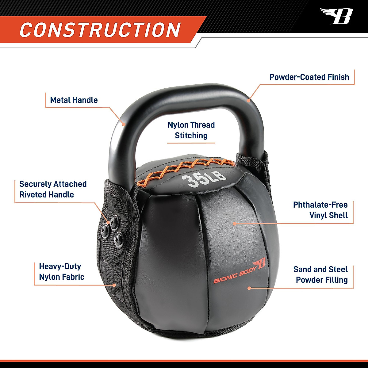 Bionic Body Soft Kettlebell with Handle for Weightlifting, Conditioning, Strength and core Training 35lb BBKB-35