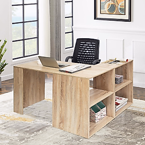 FurnitureR Home Office L-Shaped Computer Desk with Storage Shelves, 47" and 35" Corner Desk Space-Saving Writing Table Gaming PC Workstation (Light Brown)