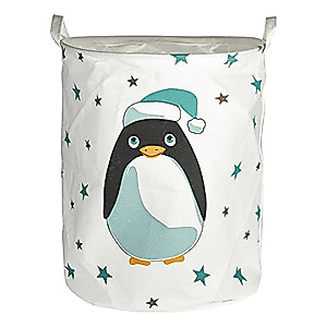 Beautyflier Large Sized Storage Laundry Basket, Canvas Fabric Collapsible Organizer Basket with Waterproof Lining Coating for Kids Baby Boys and Girls, Bedroom, Clothes, Toys (Penguin, 50x40CM)