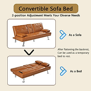 GERDIOEB Modern Convertible Folding Futon Sofa Bed with 2 Cup Holders, Leather Upholstered Adjustable Couch Loveseat Sofa Sleeper with Removable Armrests for Living Room Office Small Space (Tan)