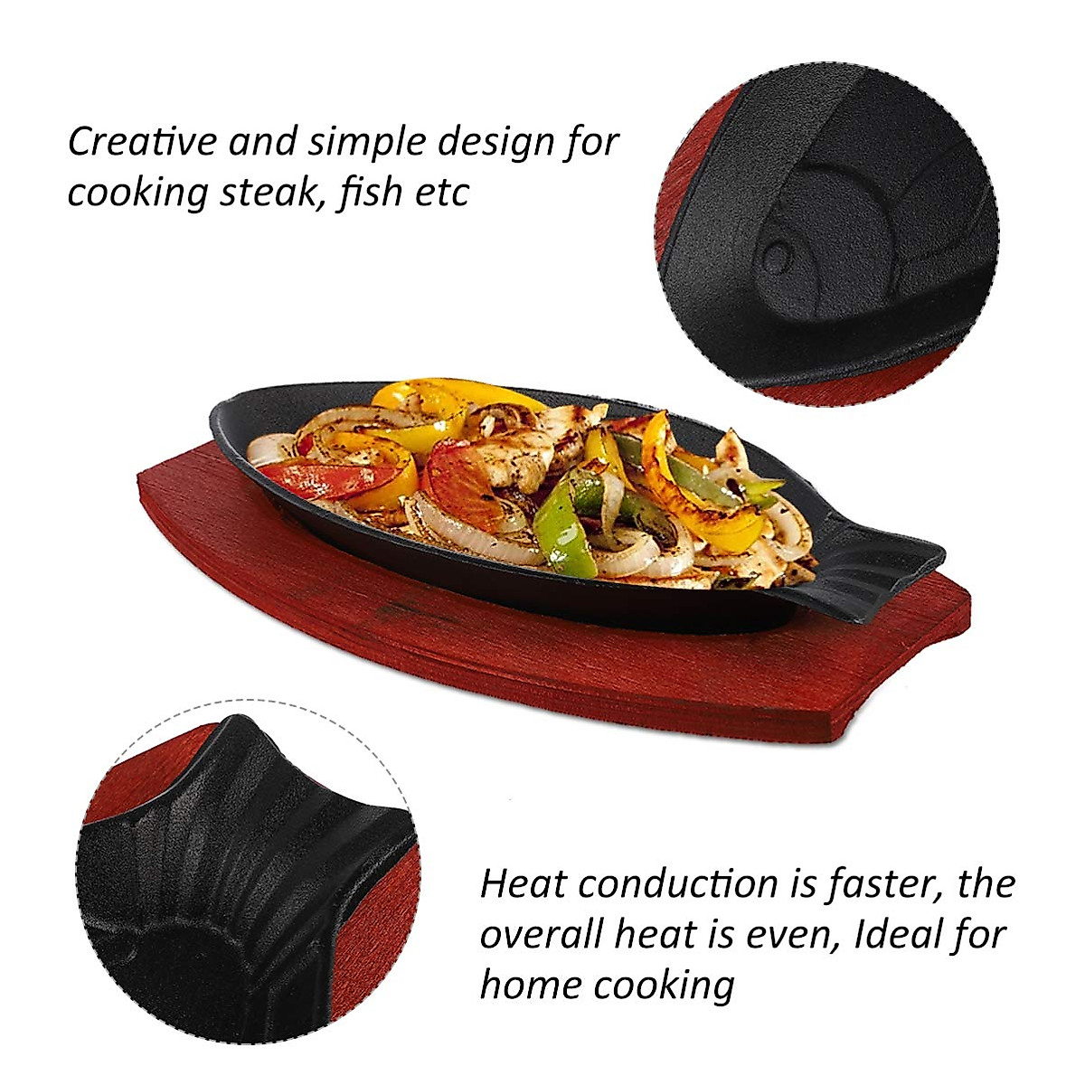 DOITOOL Small Cast Iron Skillet with Wooden Base, Creative Fish-Shaped Japanese Steak Plate Set for Restaurant Home Kitchen Cooking Pan Grilling Meats Seafood