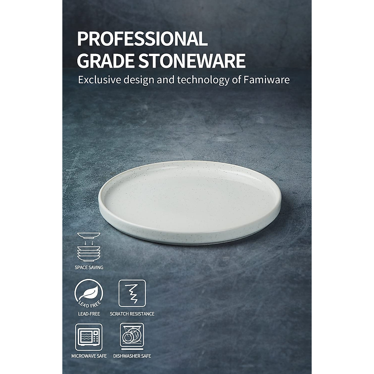 famiware Nebula 6 Pieces Dinner Plates, 10.2 inch Plates Set, Scratch Resistant, Stoneware Dinnerware, Kitchen Modern Rustic Dishes, White