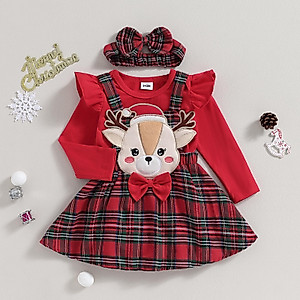 YINGISFITM My First Christmas Baby Girl Outfit Ruffle Long Sleeve Onesie Elk Embroidery Plaid Skirt Set Fall Winter Clothes (First Christmas Red, 6-9 Months)