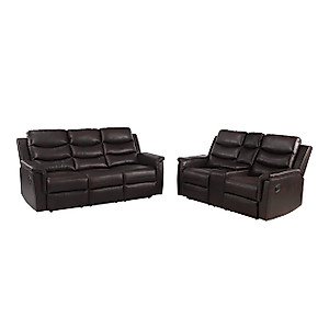 2 Pieces Faxu Leather Recliner Sofa Set, 3 Seater Manual Reclining Sofa & Loveseat with Storage Console & 4 Cup Holders and Footrest, Sectional Couch Home Theater Seating RV Furniture