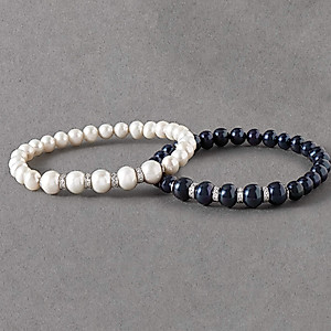 Ross-Simons 6-8.5mm Black Cultured Pearl and .25 ct. t.w. Diamond Stretch Bracelet With Sterling Silver. 7 inches