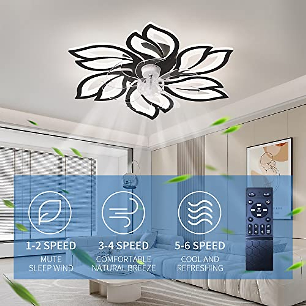 OLUZO 25.6'' Black Modern Ceiling Fan with Light, Low Profile Ceiling Fans with Lights and Remote/APP,Flush Mount Ceiling Fan,6 Wind Speed,3 Color Light,Ceiling Fan Light for Bedroom/Living/Office