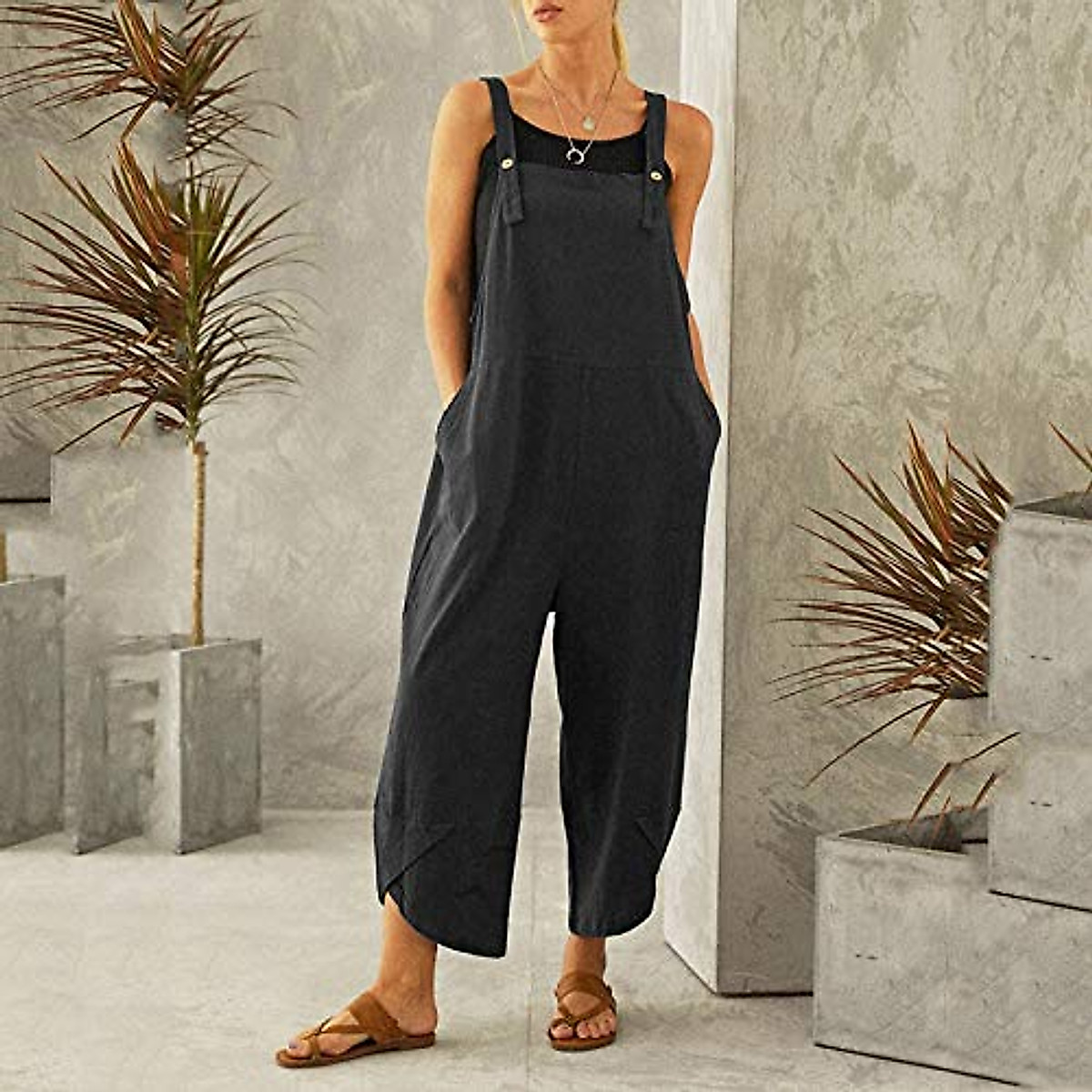 Bravetoshop Women's Casual Baggy Overalls Sleeveless Suspender Jumpsuit Wide Leg Romper with Pockets (Black,XXXXL)