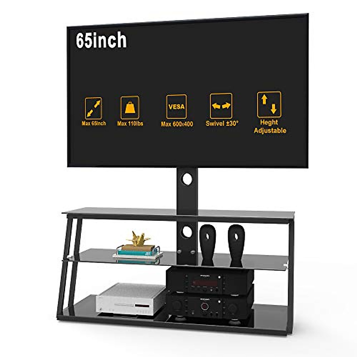 Swivel Floor TV Stand Height Adjustable Bracket Entertainment Stand for 32 to 65 inch TV | 3-Tier BlackTempered Glass Multi-Function TV Stand (New Black)