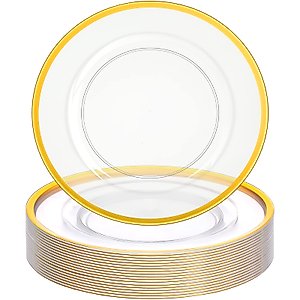 Pinkunn 24 Pcs Charger Plates Bulk 13 Inch Plastic Round Dinner Plate Gold Rim Serving Plates Clear Plastic Plates for Party Banquet Wedding Family Kitchen Table Decor Supplies
